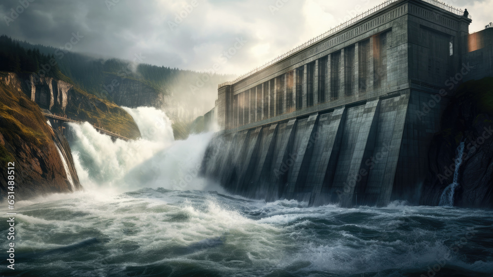 Aerial top view hydroelectric dam, water discharge through locks, blue ...