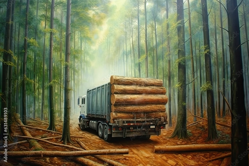 Cleared forest zone trucks with logs, deforestation concep Stock ...
