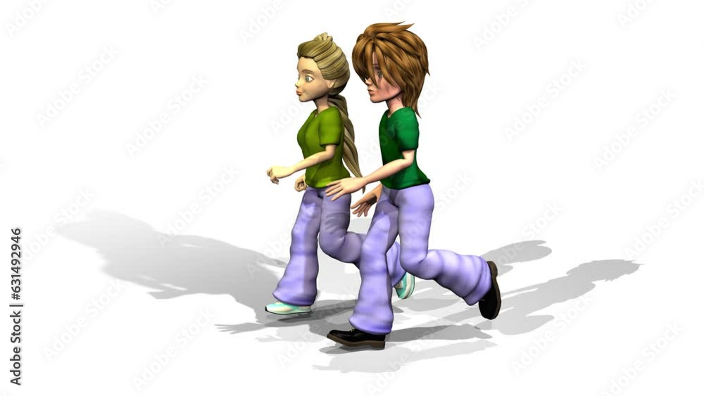 3d animation, two cartoons characters running on white background Stock ...