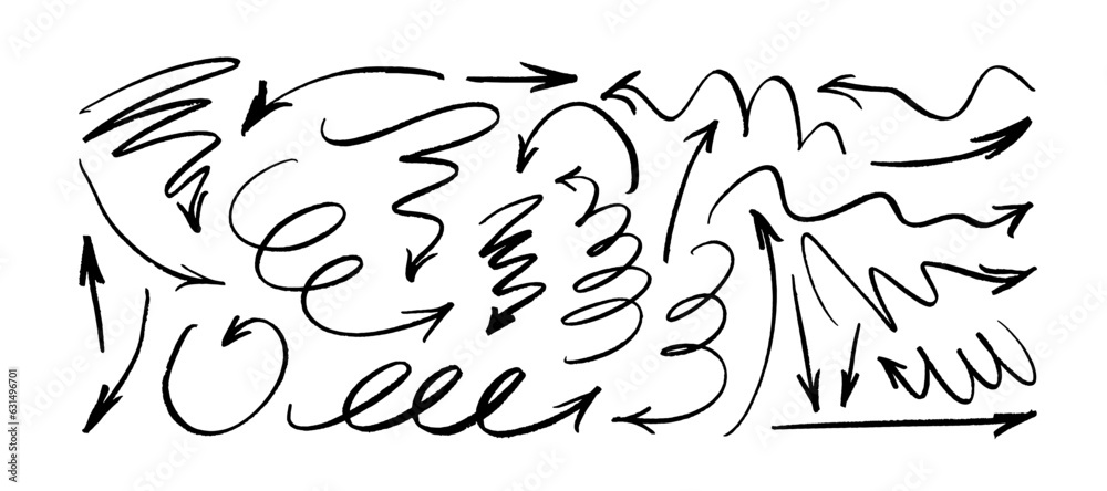 Charcoal or pencil arrows vector icons set. Hand drawn black charcoal ...