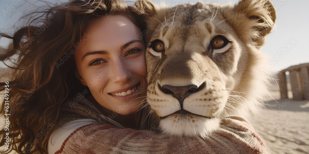 Happy tourist make selfie with lion in savanna, selfie with lion in ...