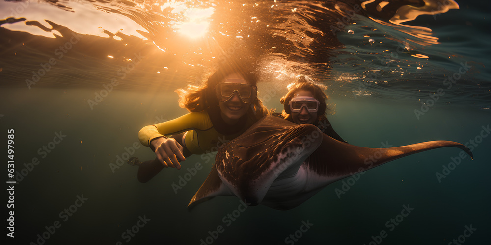 Happy two tourist make selfie with huge manta rays. Selfie with manta ...