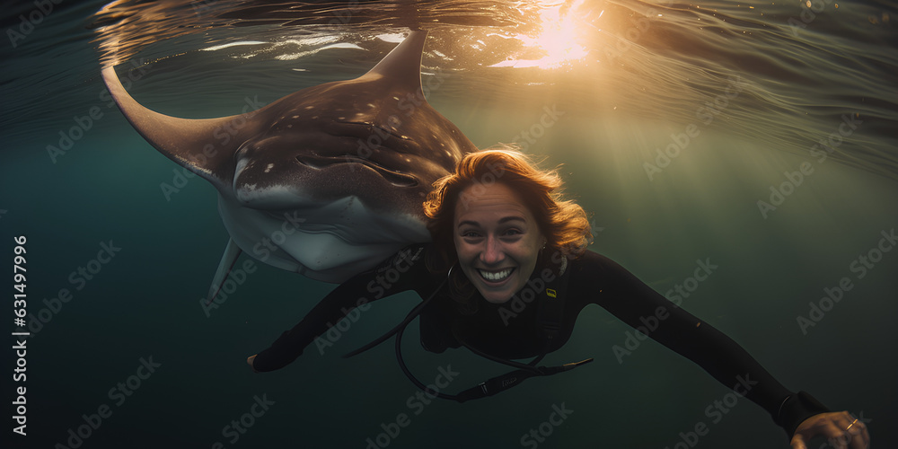 Happy tourist make selfie with huge manta rays. Selfie with manta rays ...