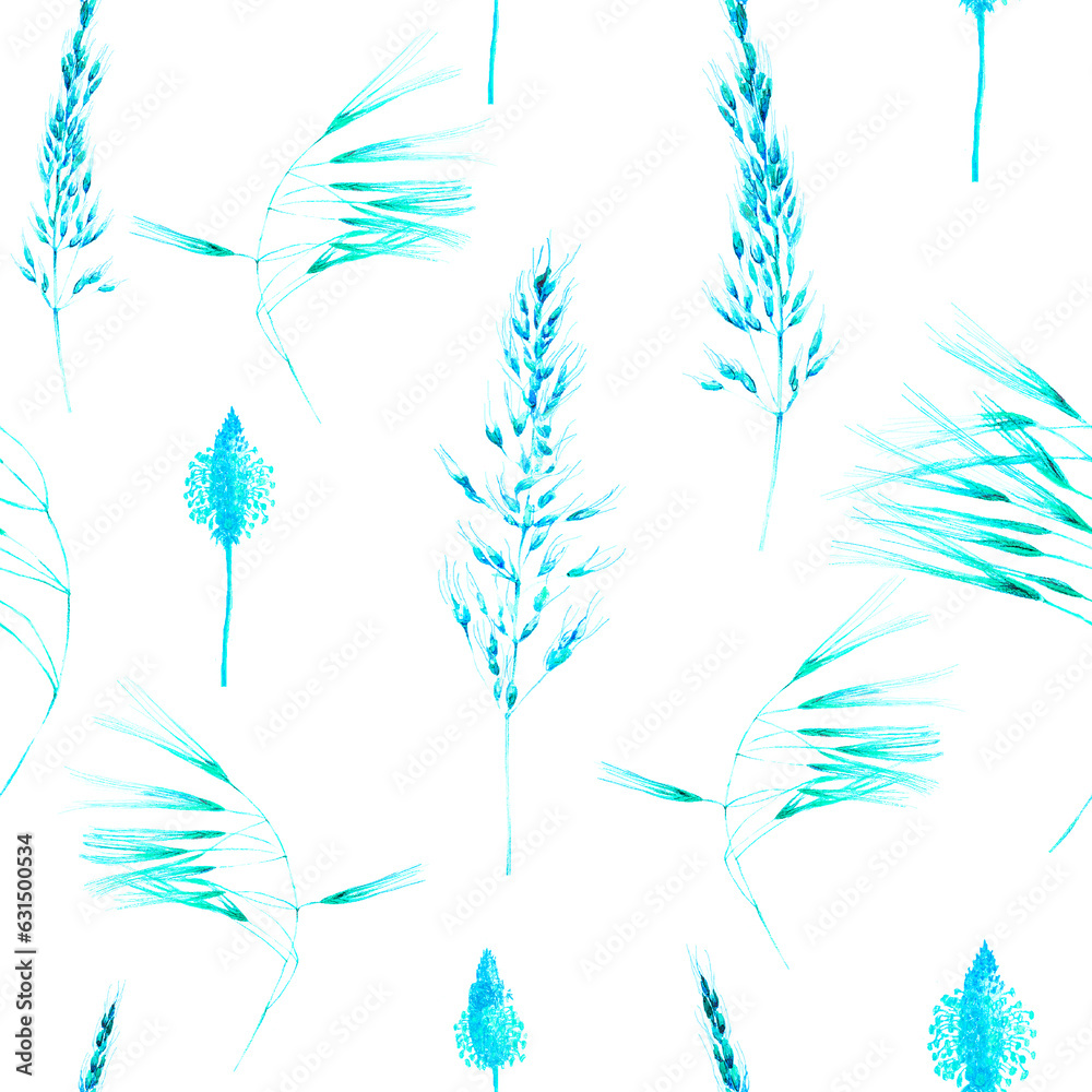 Grass Seamless Watercolor Pattern. Green and Teal Botanical Meadow ...
