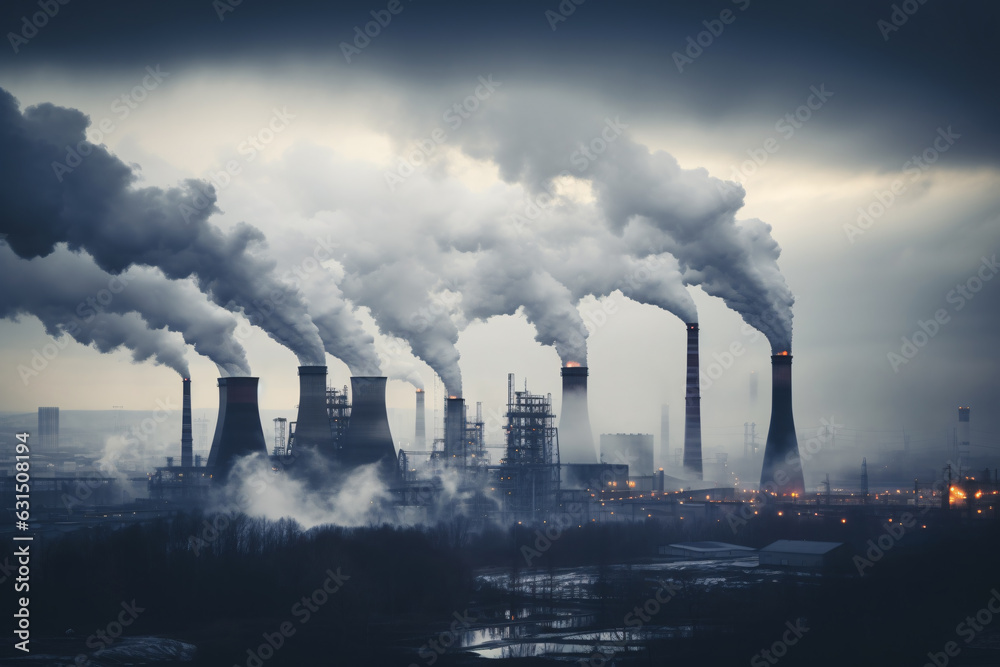Industrial factory tall smokestacks released smoky emissions from smoke ...