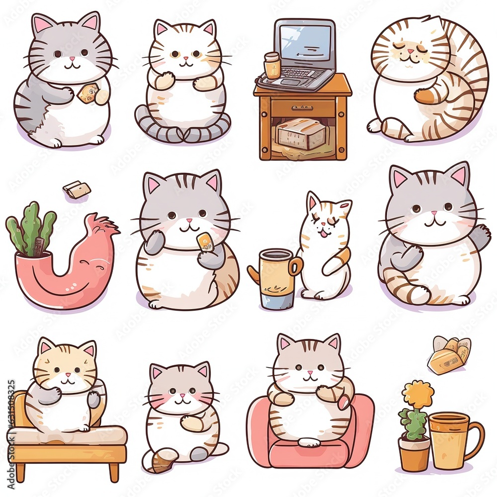 Set of sticker cute cartoon cats doing various Activities isolated on ...