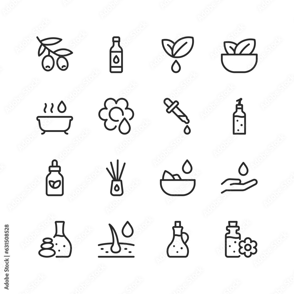 Oil, linear style icons set. For cooking, cosmetics, household use ...