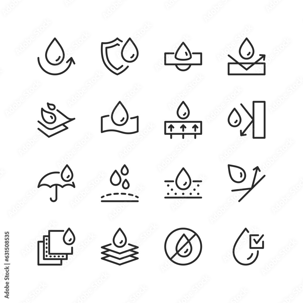 Waterproof, linear icons set. The water permeability of a material ...