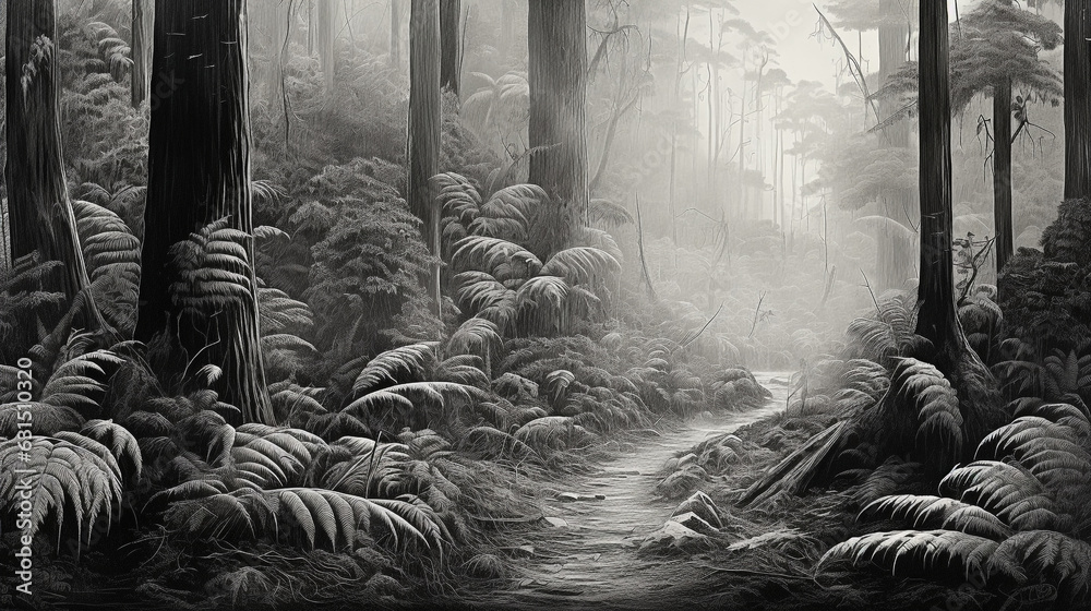 Hand drawn illustration using pencil medium of a forest with a small ...