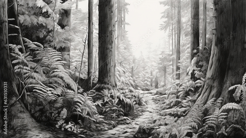 Hand drawn illustration using pencil medium of a forest with a small ...