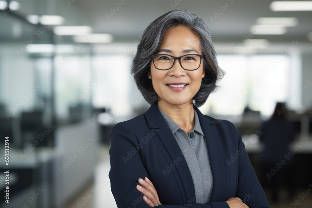 Confident Asian senior leader in modern office, arms crossed, exudes ...