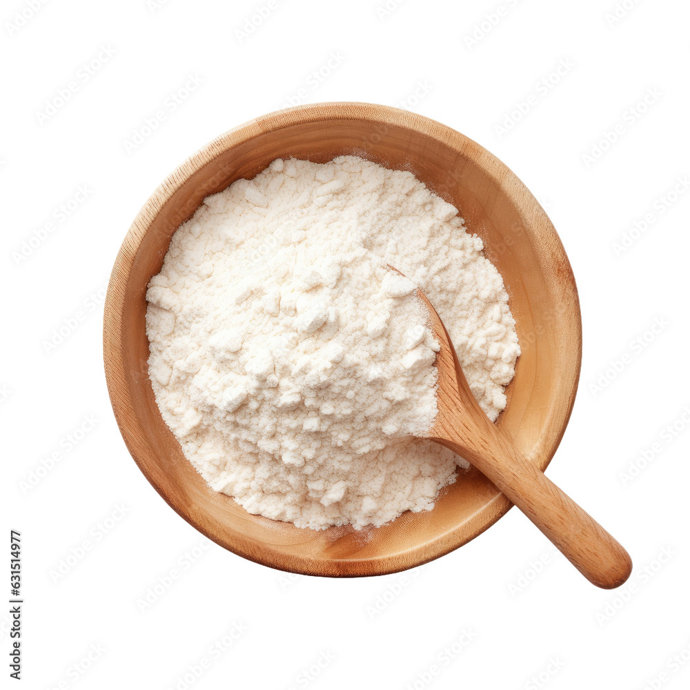 Top view of a wooden bowl with flour, a flour spoon, and rice or wheat ...