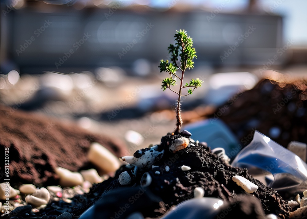 Little Plant Growing on Dirt Sprout Grows from Trash Pile of Waste foto ...