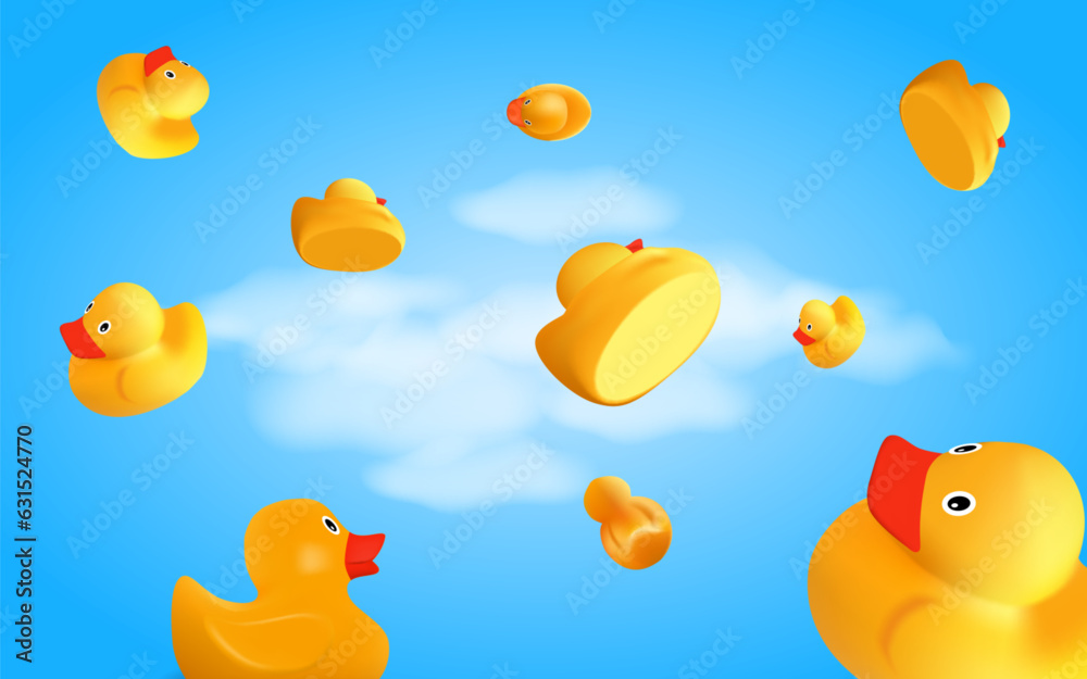 3d realistic rubber ducks in blue sky. Background with falling rubber ...