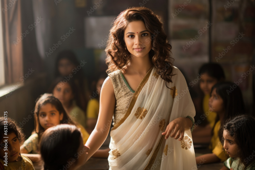 Indian beautiful primary school teacher in the classroom Stock Photo ...
