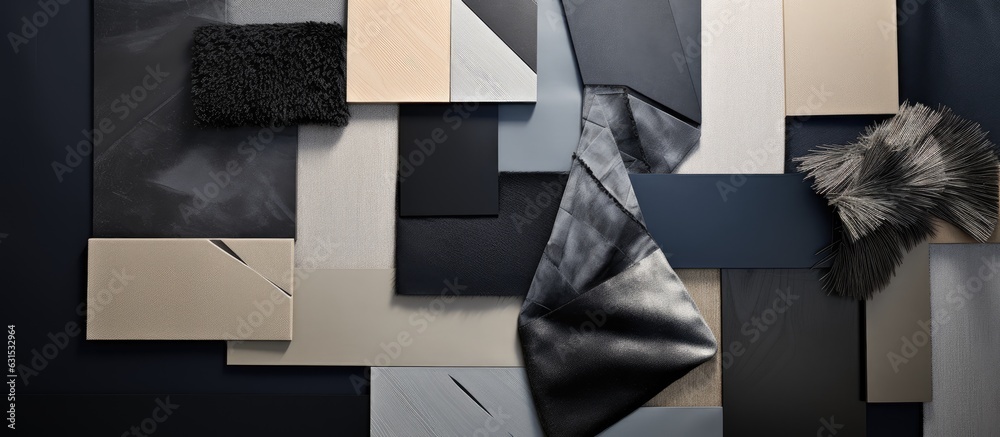 Flat lay composition in shades of grey and black with various textile ...