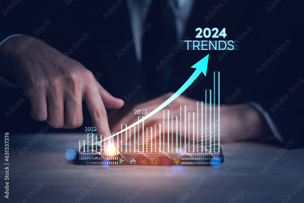 Business growing in 2024. Businessman hand touch smartphone with virtual increasing technical ...