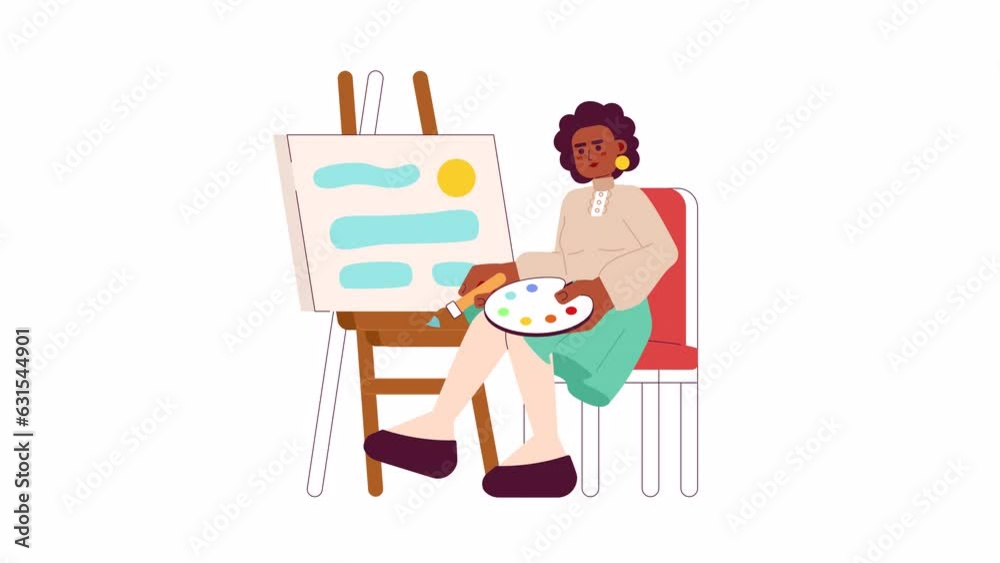 Black woman painting easel 2D character animation. Drawing workshop ...