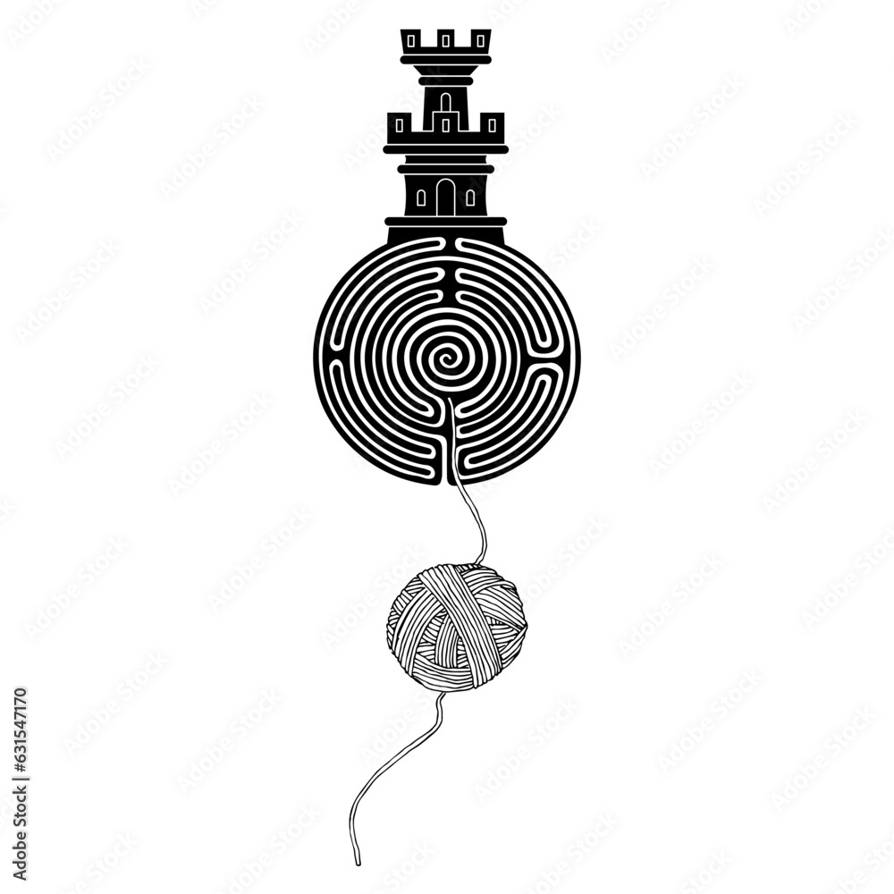 Tower of medieval castle on top of a round spiral maze or labyrinth ...