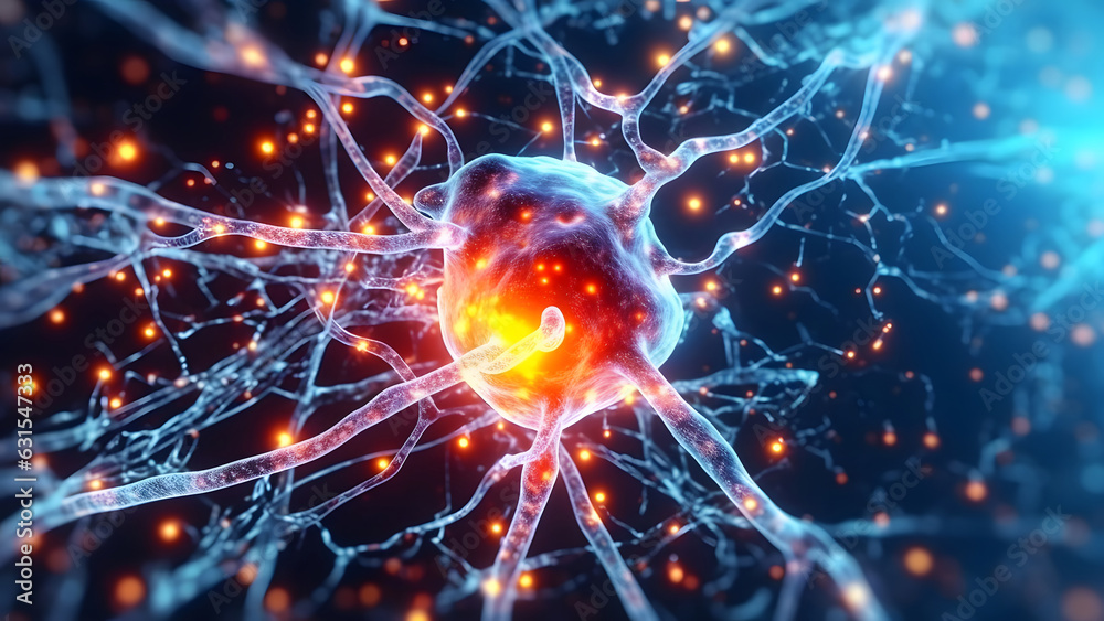glowing brain neural cells connected in biological neural network. Neural network generated in ...