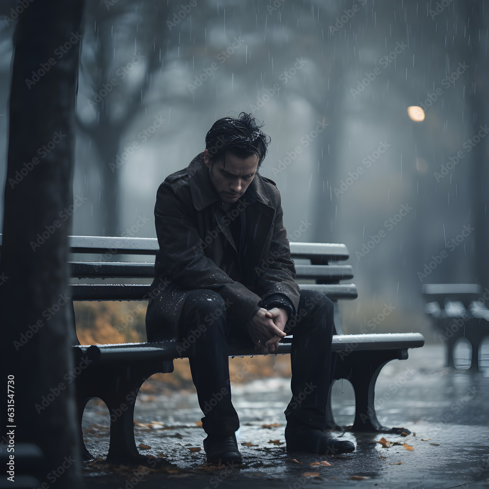 Sad man sitting on a bench in the rain, generative ai. Stock Photo ...