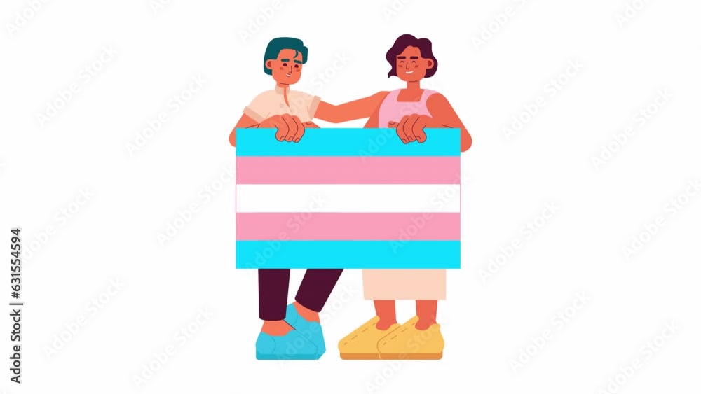 Trans people holding transgender flag 2D animation. LGBTQ pride parade ...