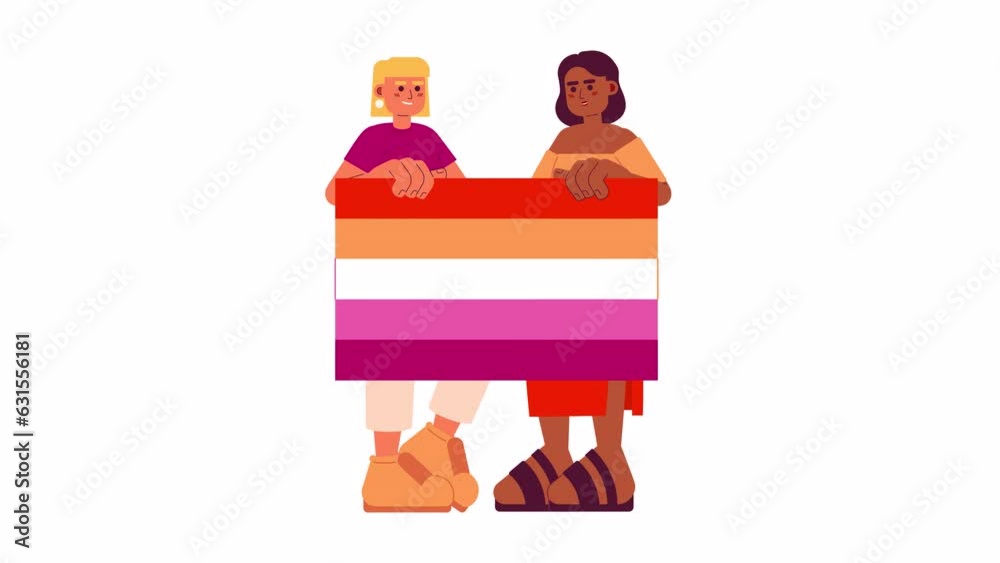Interracial gay girls with lesbian flag 2D animation. LGBTQ pride ...