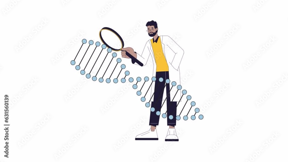 Scientist studying dna strand rotating line 2D animation. Dna ...