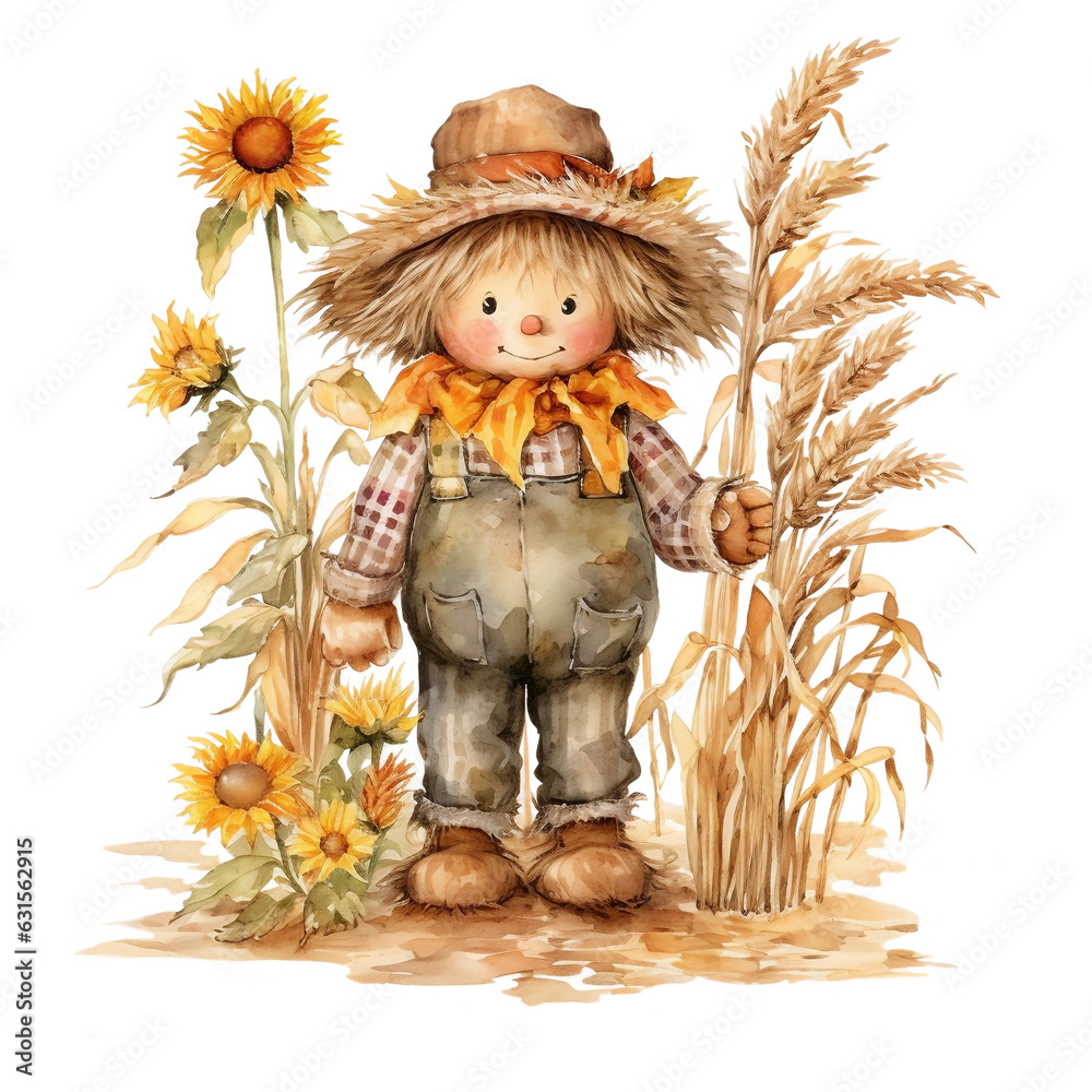 Cute Scarecrow Clipart Watercolor, Fall Scarecrow Illustration, Autumn ...