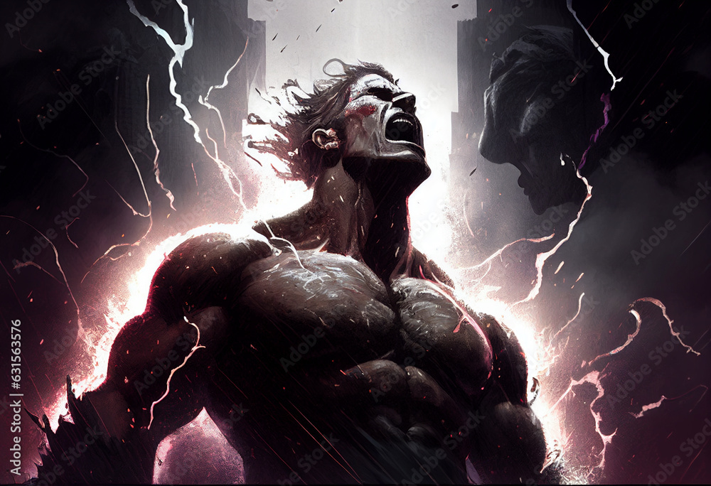 Muscular fabulous man stands under the peals of thunder and looks at ...