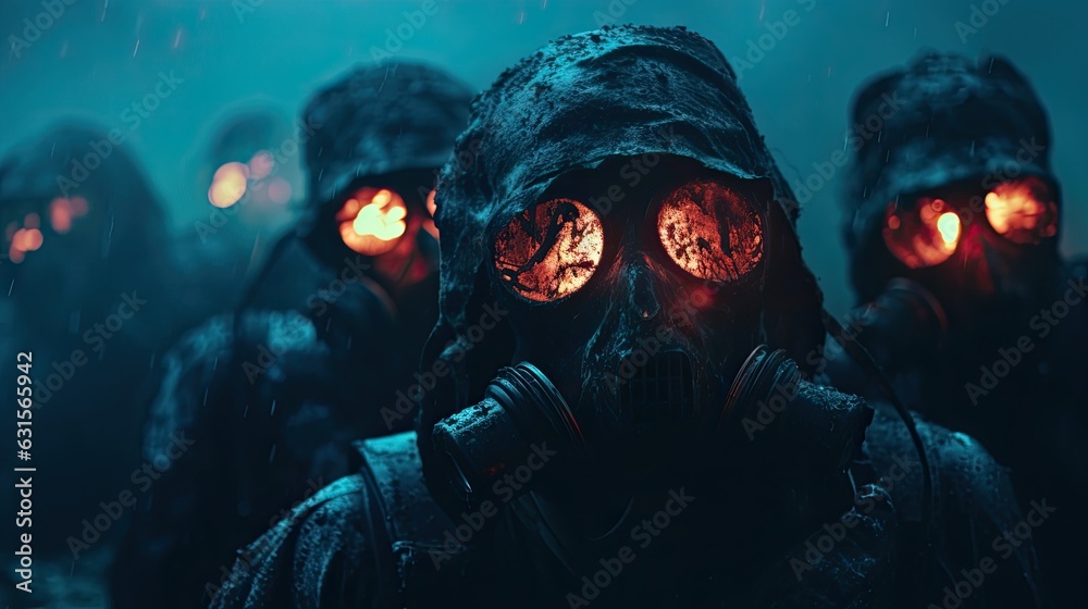A stalkers or war soldiers in a gas masks for respiratory protection ...