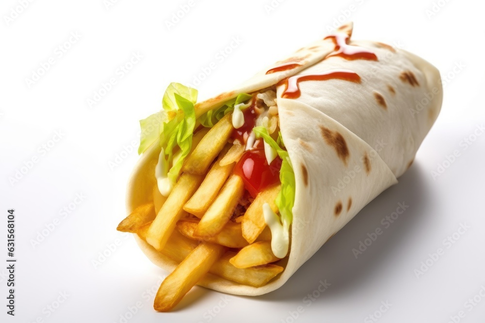 tortilla wrap with fries on a white background, french fries, potato ...