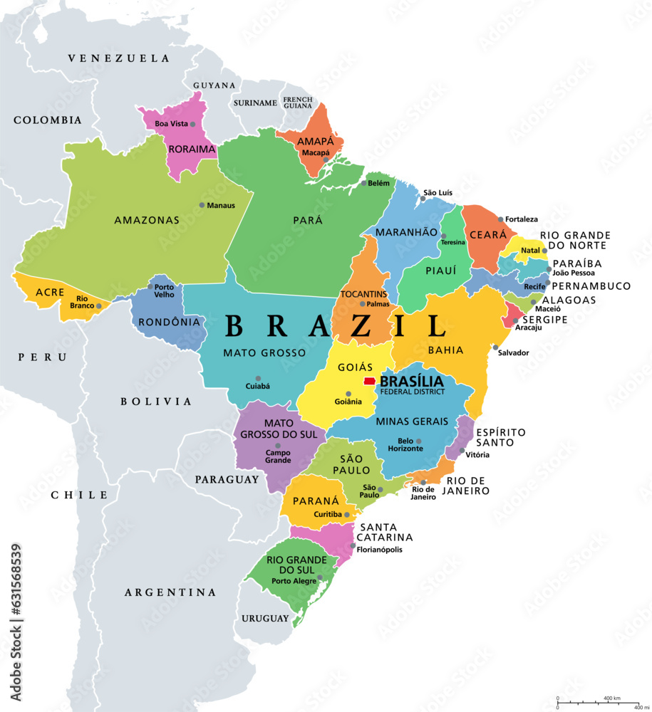 States of Brazil, political map. Differently colored federative units ...