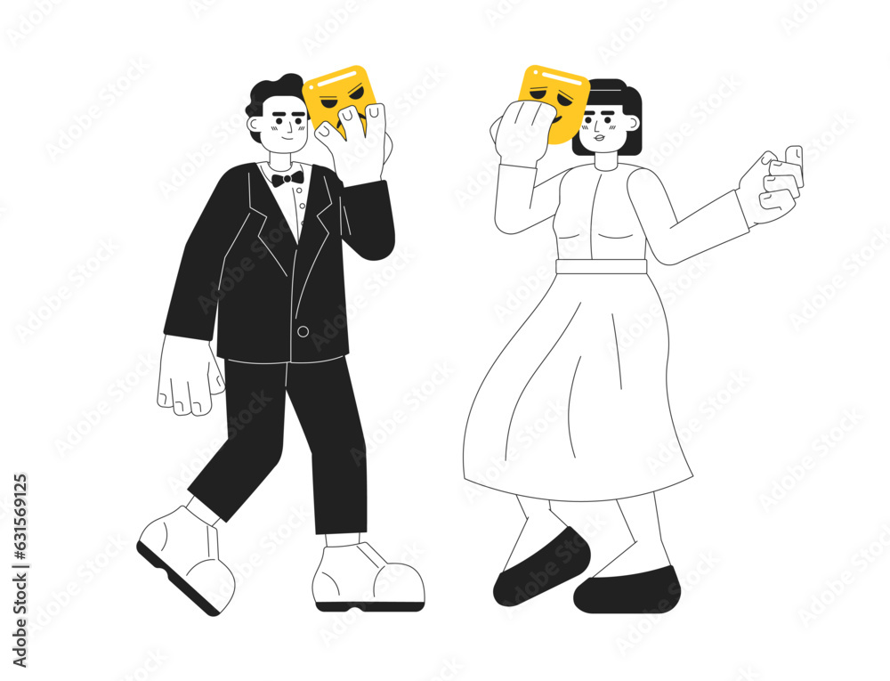Theater actors with tragedy and comedy masks fmonochromatic flat vector ...