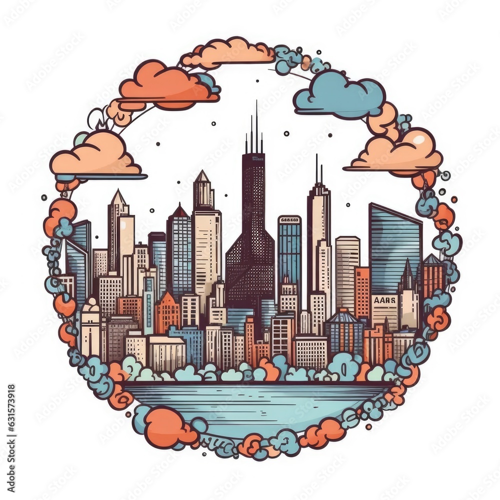 A circle shape frame with center space of Chicago city skyline in ...