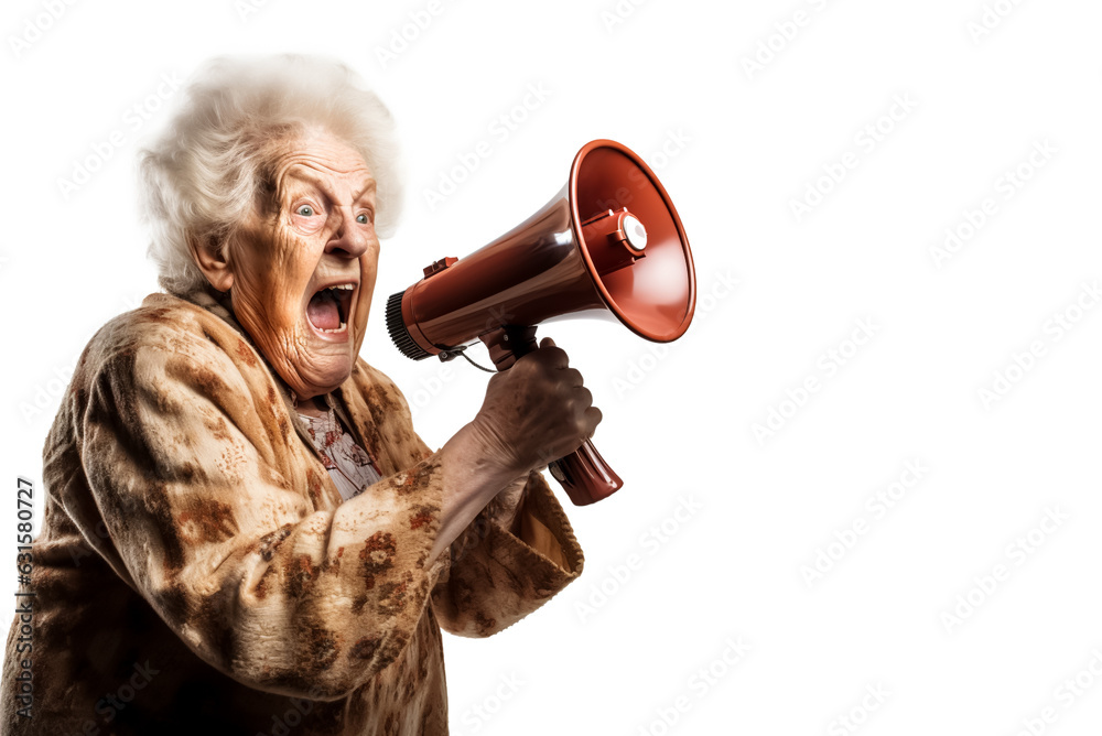 Old woman yelling into a megaphone. Isolated on white background with ...