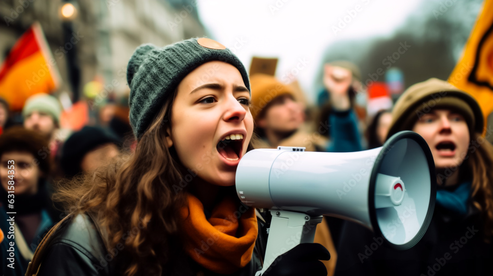 Climate Protestor yelling into a megaphone at a climate march. Concept ...
