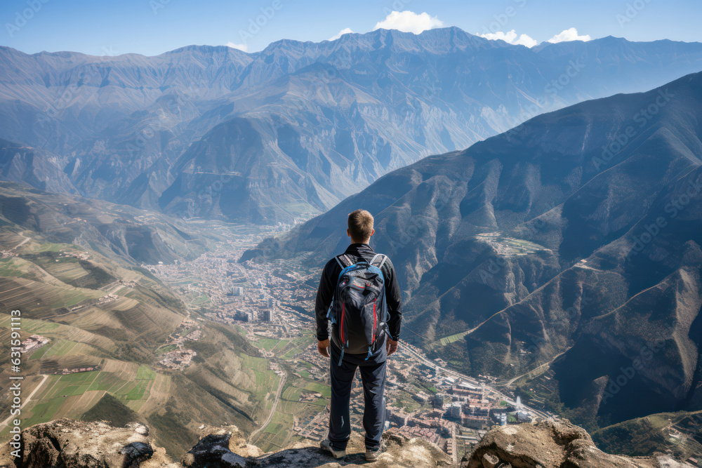 A person standing on the edge of a dramatic cliff, overlooking a vast ...