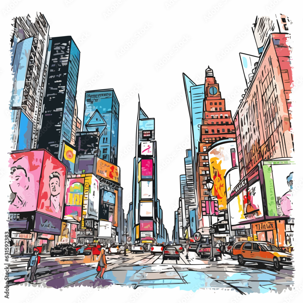 Times Square. Times Square hand-drawn comic illustration. Vector doodle ...