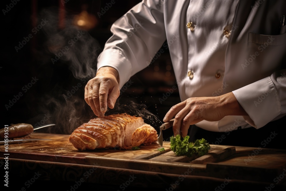 Chef preparing a croissant in a restaurant kitchen, closeup, A chef at ...