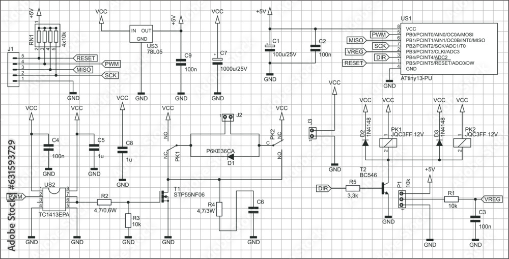 Vector pattern of electronic components and conductors. Connection of ...