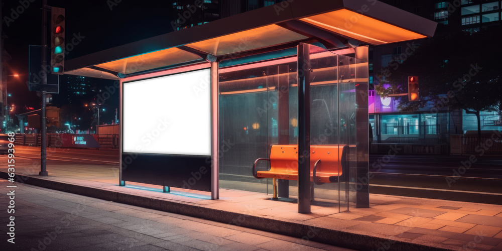 Outdoor Bus Shelter Advertisement Mockup, night urban scene showing a ... Outdoor Bus Shelter Advertisement Mockup, night urban scene showing a ...