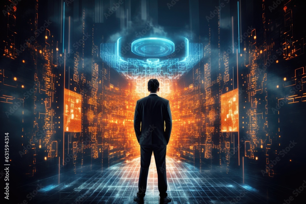 Back view of businessman looking at abstract digital background. Future and technology concept ...