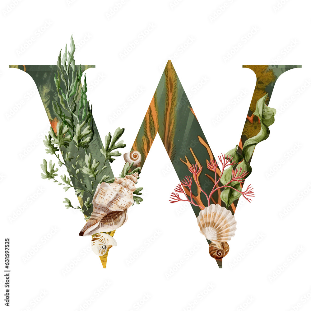 Watercolor letter W hand painted floral monogram uppercase capital ...