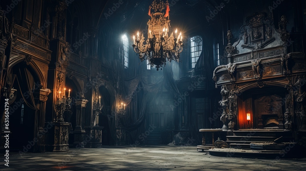 A Scary Interior Design of an Abandoned Medieval Castle lighted by some ...