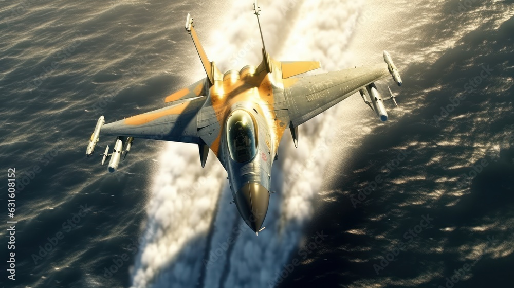 Top view of a military jet fighter taking off from the deck of an ...