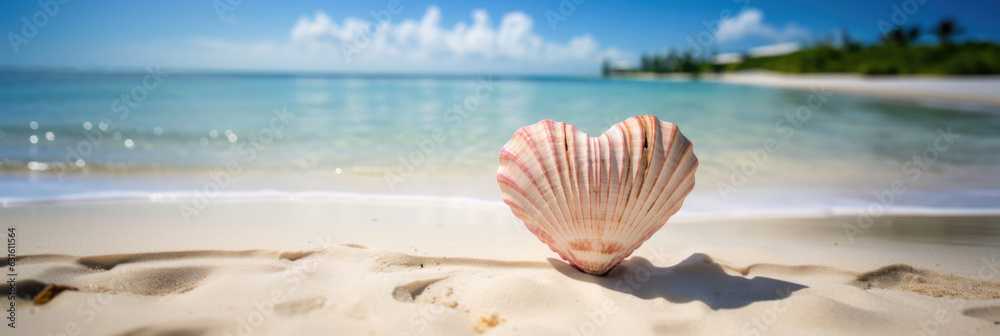 heart shaped sea shell in front of the beach and the sea with copy ...