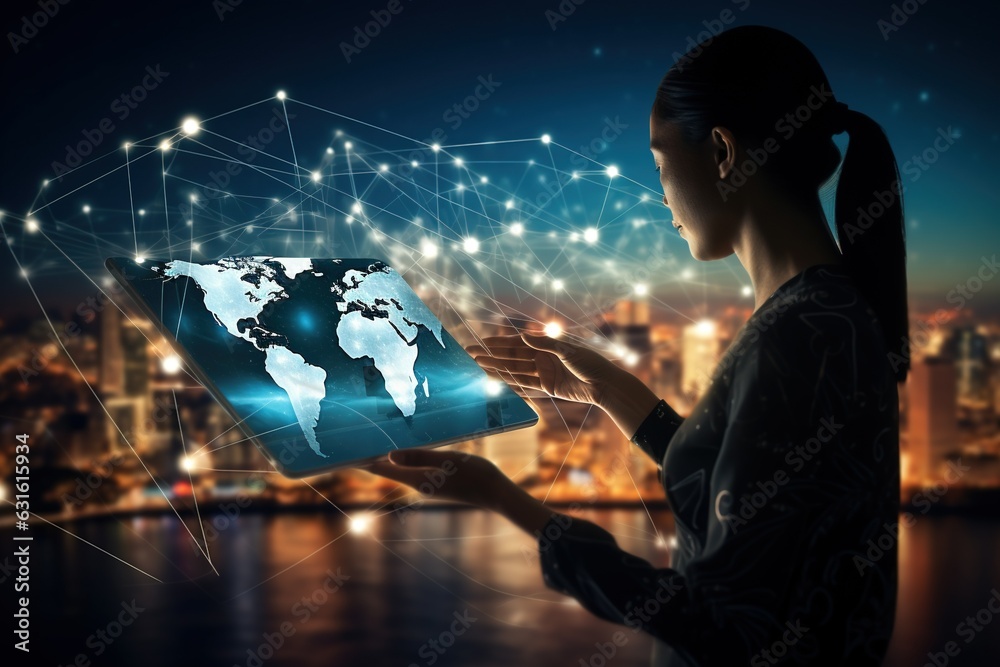 IoT concept: People embracing future tech like digital tablets, global ...