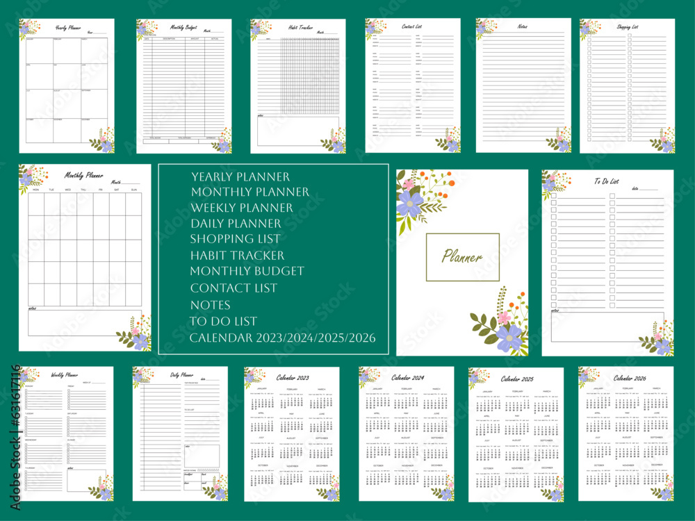 Flowers planner pages templates:daily planner, weekly planner,monthly ...