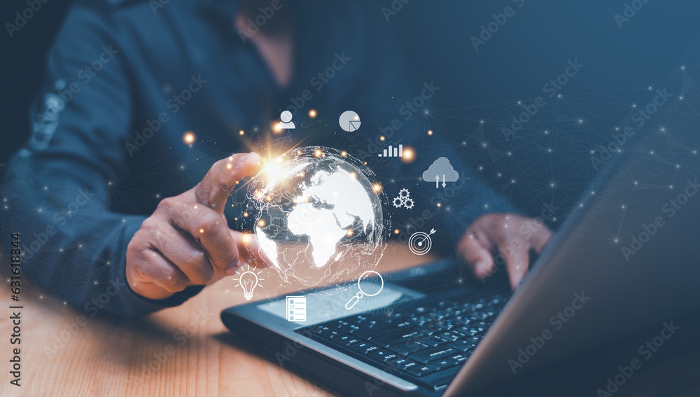 Business global data internet connection technology and digital marketing, Businessman pointing ...